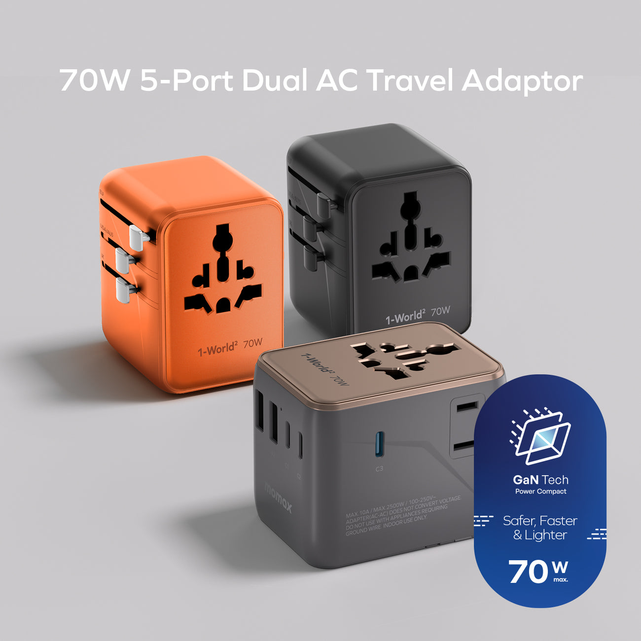 1-World² Universal 5-Port Travel GaN Charger 70W with Dual AC